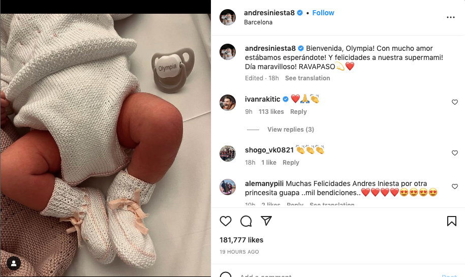 Alboroto por el nombre de la nueva hija de Andrés Iniesta y Anna Ortiz